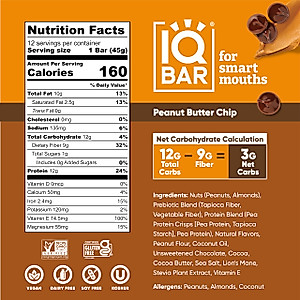 IQBAR Brain and Body Plant Protein Bars - Peanut Butter Chip - 12 Count, Low Carb, High Fiber, Gluten Free, Vegan Snacks - Low Sugar Keto Energy Bars