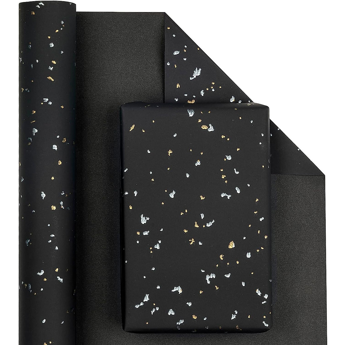 MAYPLUSS Wrapping Paper Roll - 17Inch x 16.5Feet - Luxury Thick Black Gold Foil Flakes Marvelous Satin Texture Matte Gift Wrap Paper for Graduation, Aniversary, Halloween Day, Birthday, Christmas