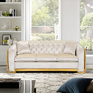 RUNOLIG Chesterfield Sofa, Velvet Sofas and Couches with Button Tufted Design and Gold Legs, Upholstered Sofa with 2 Pillows and Wood Frame, Modern 3 Seat Couch for Living Room, Apartment (Beige)