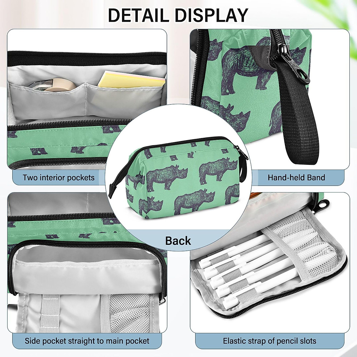 Fisyme Rhino Rhinoceros Green Pencil Case Large Capacity Pencil Pouch Pen Bags Box Big Makeup Pencil Case Organizer