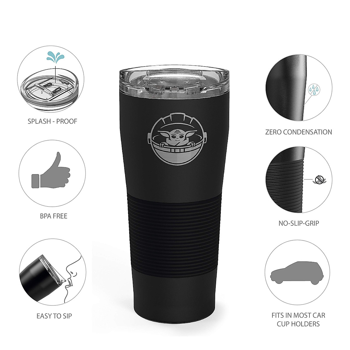 Zak Designs Star Wars The Mandalorian Vacuum Insulated Stainless Steel Lynden Wrap Tumbler (Baby Yoda/The Child, 28 oz, BPA-Free)