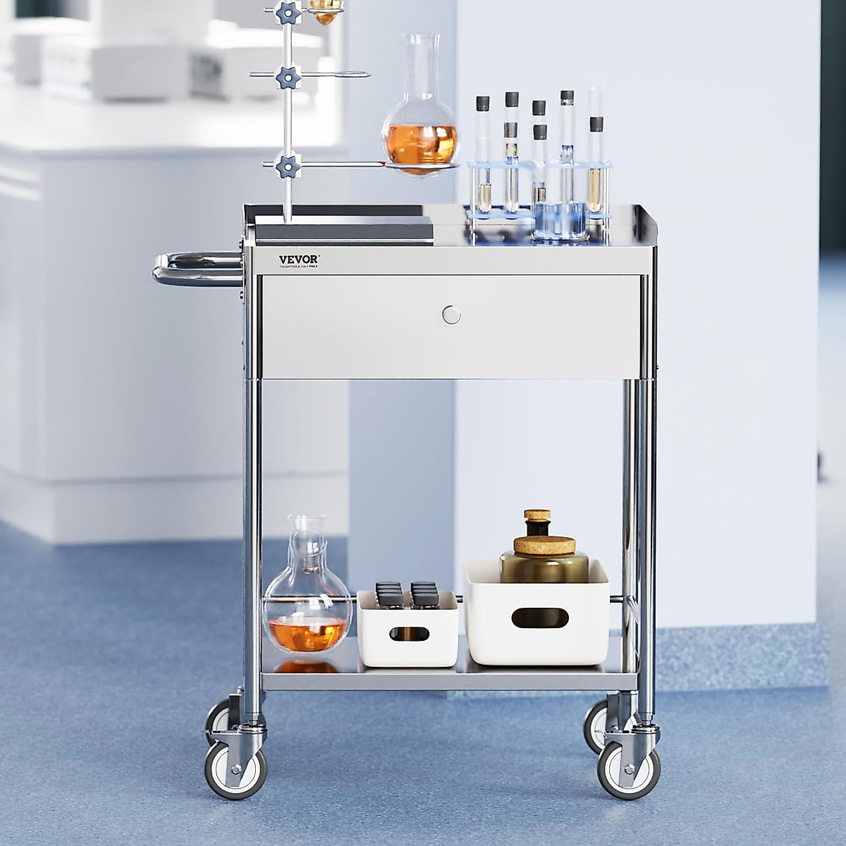 VEVOR Shelf Stainless Steel Utility Cart Catering Cart with Wheels Medical Dental Lab Cart Rolling Cart Commercial Wheel Dolly Restaurant Dinging Utility Services (2 Shelves/ 1 Drawer)