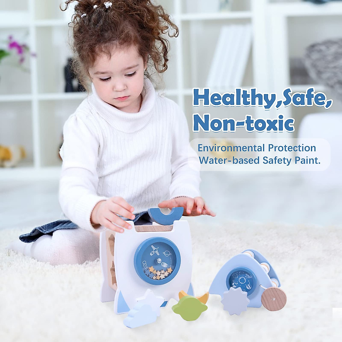 Smartwo Wooden Space Toy for Baby 1 Year Old, Montessori Toy for Babies 12-18 Months, Toddler Rocket Toy Age 1-3, Sensory Activity Cube Learning Toy, 1st Birthday Gift for Boys and Girls