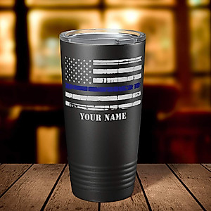 Personalized Distressed Thin Blue Line Flag Police Officer on Black 20 oz Tumbler with Lid - Law Enforcement Gift - Insulated Cup - Travel Mug