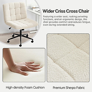 Furniliving Wide Desk Chair, Faux Fur Upholstered Office Chair with Wheels, Adjustable Accent Chair with Thicken Seat, Computer Chair for Living Room, Study Room, Home Office, IvoryWhite