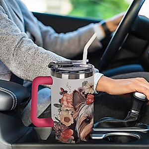 WYUSPGK 40oz Stainless Steel Car Mug, Yorkie Floral Print Travel Mug, Double-Wall Insulated with Straw, Perfect for Car, Office, Outdoor