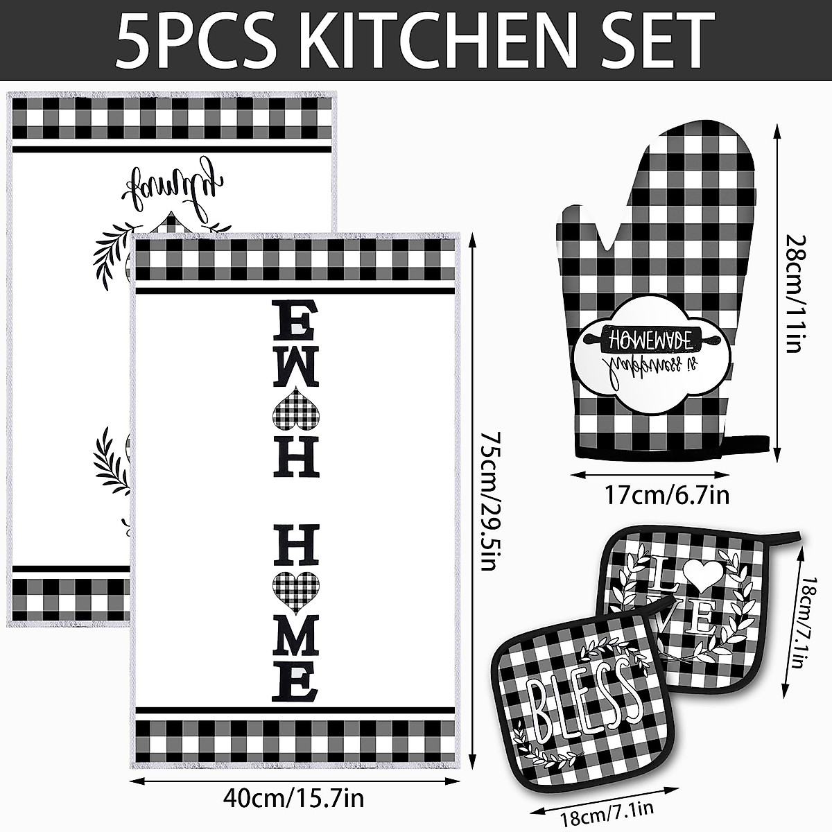 5 Pieces Buffalo Plaid Kitchen Towels Oven Mitts and Pot Holder Set Black and White Kitchen Towels Oven Gloves, Hot Pads Pot Holders for Farm House Accessories Decor(Heart)