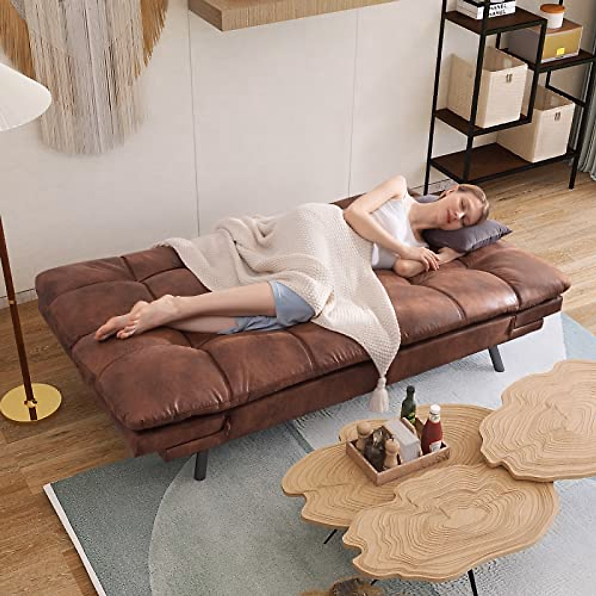 Opoiar Futon Memory Foam Couch Bed with Mattress and Frame Included,Comfortable Faxu Loveseat Sleeper Sofa for Dorm Apartment Office College Small Space Bedroom RV Living Room, Brown Leather