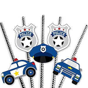 Big Dot of Happiness Calling All Units - Police - Paper Straw Decor - Cop Birthday Party or Baby Shower Striped Decorative Straws - Set of 24