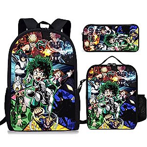 mfiwena Japanese Anime Backpack Set for Boy Girl, Polyester Bookbag set with Lunch Bag Multifunction 3-in-1 Bag for Teen