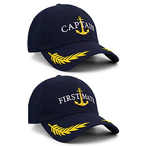 Captain Hat & First Mate | Matching Skipper Boating Baseball Caps | Nautical Navy Marine Sailor Hats (Navy Gold)