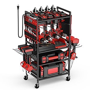 JUNNUJ Garage Large Power Tool Organizer Cart with 20A Power Strip, Heavy Duty Drill and Tools Battery Holder Storage Rack with Charing Station, Floor Standing Rolling Tool Cart Shelf on Wheels