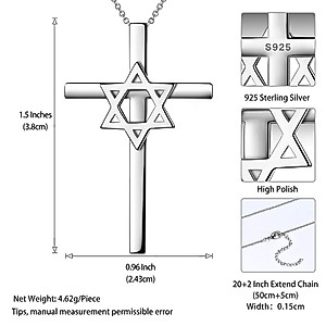 Star Of David Necklace for Women Men 925 Sterling Silver Jeweish Star Necklace Magen David Necklace Star of David Charm Cross Pendant Necklace Jewish Jewelry for Womens Chrismtas Gifts FP0110W