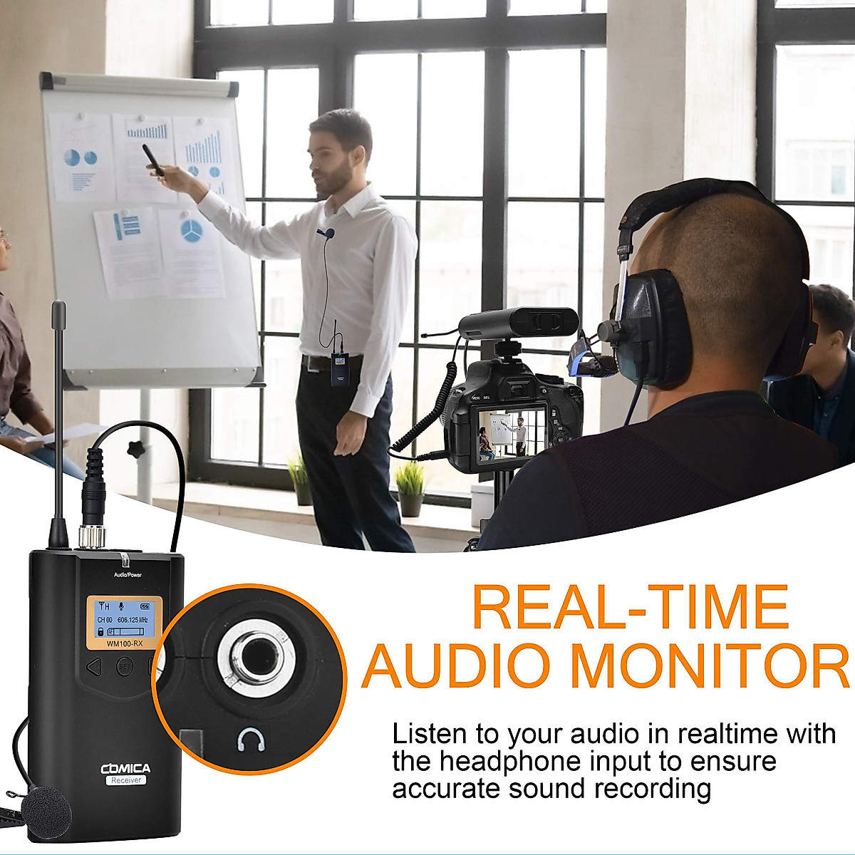 Wireless Lavalier Microphone System, Comica CVM-WM100 UHF 48 Channels Professional Wireless Microphone Compatible with Canon Nikon Sony Panasonic DSLR Cameras,XLR Camcorder,Smartphone etc.