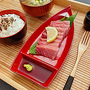 JapanBargain 2385, Set of 2 Sushi Boats Japanese Sashimi Sushi Serving Plate Snack Plate Appetizer Dishes Chip and Dip Plate, 10 inch, Black and Red Color