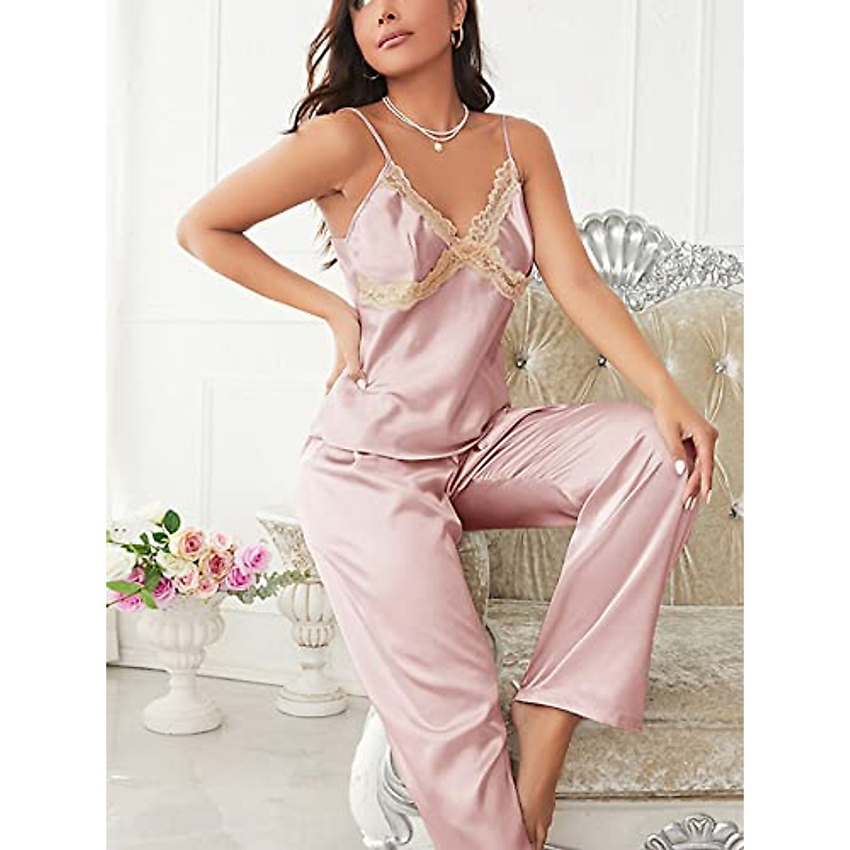 LYANER Women's Satin Silk Pajamas Set V Neck lace Trim Cami Top and Pants Sleepwear Pjs Set Pink Medium
