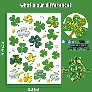 Partywind 64 PCS St Patrick's Day Temporary Tattoos, Metallic Glitter Shamrock Face Stickers for Saint Patrick's Day Decorations Party Favors, Irish Shamrock Decor for Women, Men, Kids (2 Sheets)