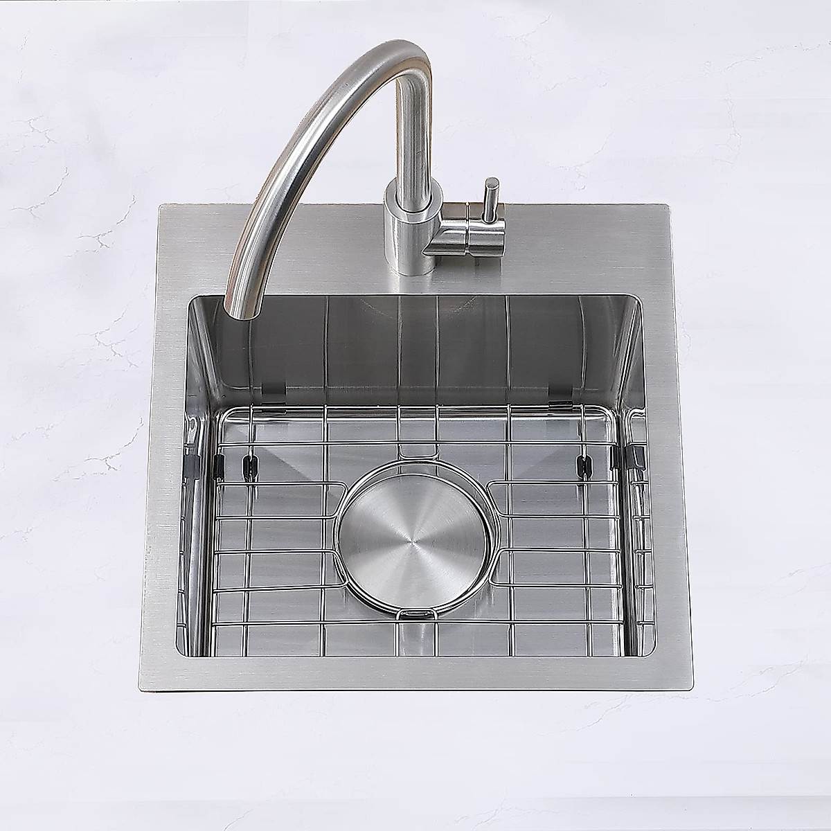 VAPSINT 15x15 inch 304 Stainless Steel Drop in Wet Bar Sink,Single Bowl Topmount Prep Rv Small Kitchen Sink with Grid and Drain