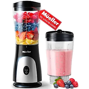Mueller Personal Blender for Shakes and Smoothies with 15 Oz Travel Cup and Lid, Juices, Baby Food, Heavy-Duty Portable Blender & Food Processor, Black