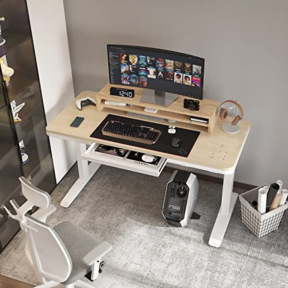 ERGOMORE Standing Desk with Drawer, 45 x 23 Inches Touch Control Adjustable Height Desk with Power Outlet, USB Ports & Wireless Charging, Dual Motor Sit Stand up Desk for Home & Office (Maple)