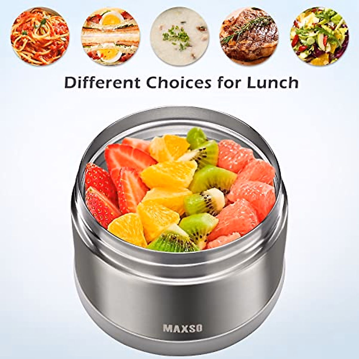 MAXSO Soup Thermos for Hot Food - 24 oz Vacuum Insulated Lunch Container with Foldable Spoon & Thermal Bag, Wide Mouth Bento Box for Adults (Silver)