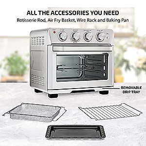 Ovente Air Fryer Toaster Oven, 1700W Stainless Steel Countertop Convection Oven Combo, 26 Qt Large Capacity with Accessories Perfect for Rotisserie and Dehydrator Chicken Pizza, Silver OFM2025BR