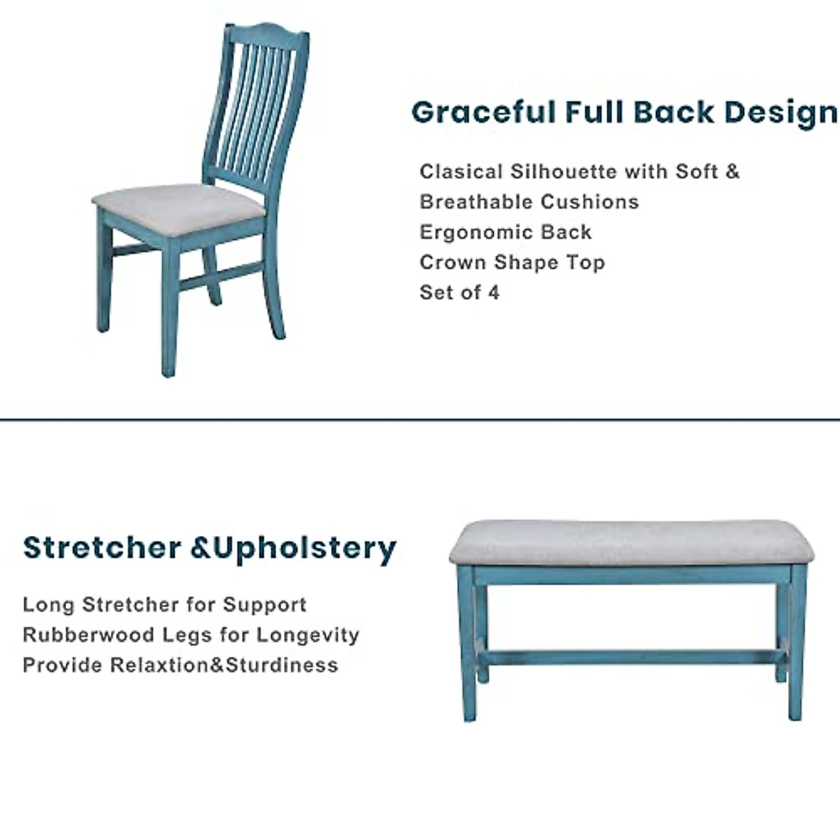 SIYSNKSI Mid-Century 6-Piece Dining Table Set with 4 Upholstered Dining Chairs and Bench, Wood Rectangular Dining Table with Drawer for Kitchen Living Room, Dining Table Set for 6 (Antique Blue)