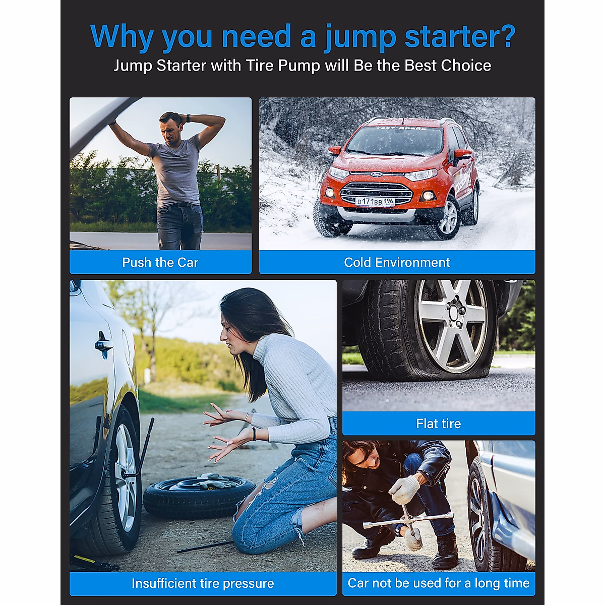 FORYOU Car Jump Starter with Air Compressor, 2000A 12-Volt Jumper Cables Jump Starter Box Car Battery Booster Pack (Up to 6-Liter Gasoline and 3-Liter Diesel Engines) Digital Screen(Black Red)