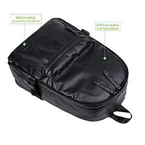 Baosha BP-08 Unisex PU Leather Computer Laptop Bag 15.6 inch College School Backpack Shoulder Bags Travel Hiking Rucksack Casual Daypack Black