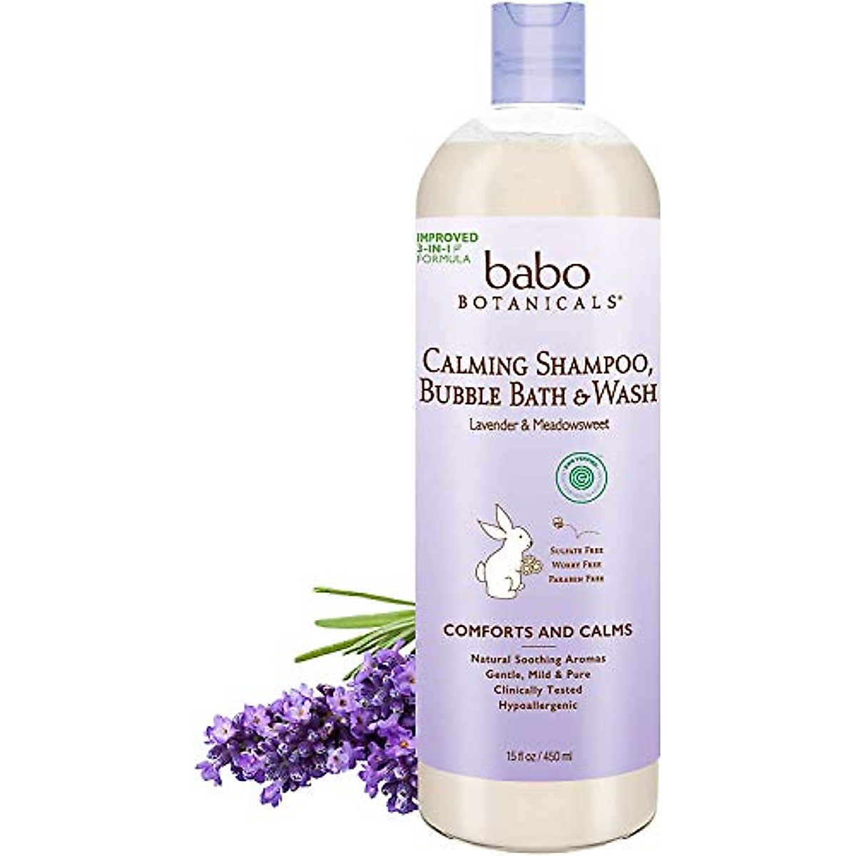 Babo Botanicals Calming Plant-Based 3-in-1 Bubble Bath, Shampoo & Wash - With Lavender & Organic Meadowsweet - For Babies, Kids & Adults With Sensitive Skin - EWG Verified - 15 Fl. Oz.