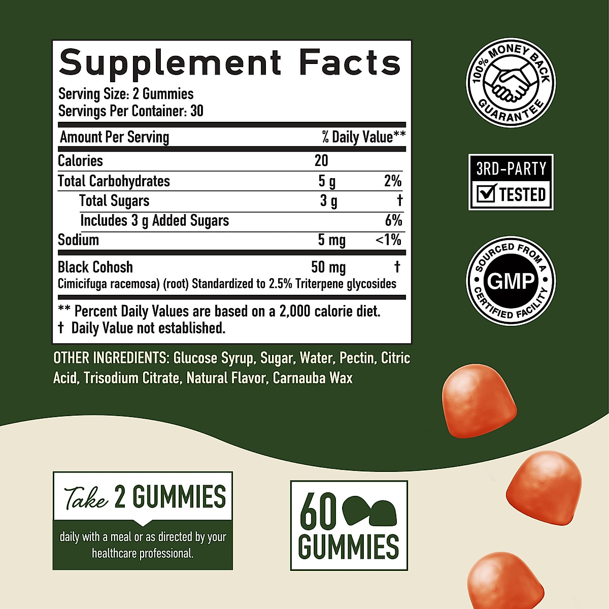 Black Cohosh Gummies for Menopause Relief, Hot Flashes & Night Sweats | 50mg Black Cohosh Root for Women | Gluten-Free, Vegetarian, Non-GMO | Hormone Balance Support | Yummy Peach Flavor | 60 Gummies