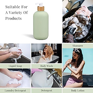 UMETASS 16.9 oz Plastic Bamboo Pump Dispenser Bottles, Shampoo and Conditioner Bottles, Refillable Container for Bathroom Shower Body Wash Lotion (16.9 oz, Green)