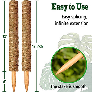 2 Pack 17 Inch Moss Pole, Stackable Moss Poles for Climbing Plants Monstera, Tall Plant Sticks Accessories, Large Coir Plant Support Stakes for Potted Plants Indoor, Pothos, Philodendron