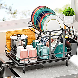 TOOLF 2 Tier Dish Drying Rack, Dish Rack for Kitchen Counter, Free Assembly Foldable Drainboard and Drainer with Wooden Utensil Holder for Kitchen Sink, Black