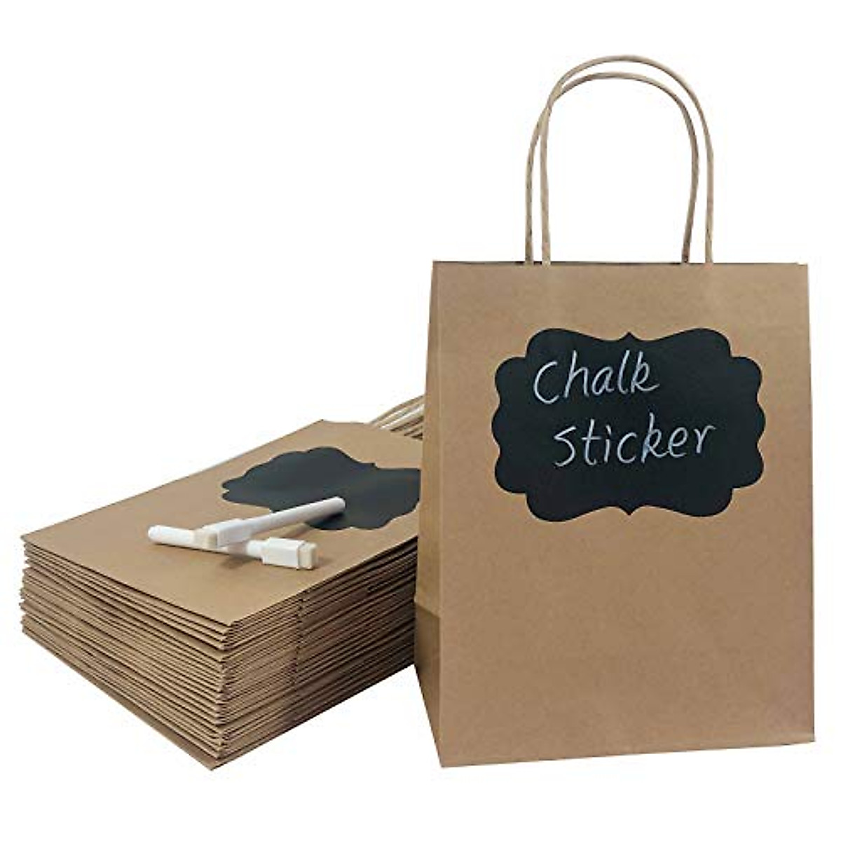 【24pcs Bags】Paper Bags With Handles- 8x10x4 Brown Shopping Bags-Gift Bags With Chalk Sticker-Mudium Size Kraft Bag-Kraft Paper Bags With Chalkboard Sticker - Party Bag With Label-White Chalk Pens- Chalk Marker…