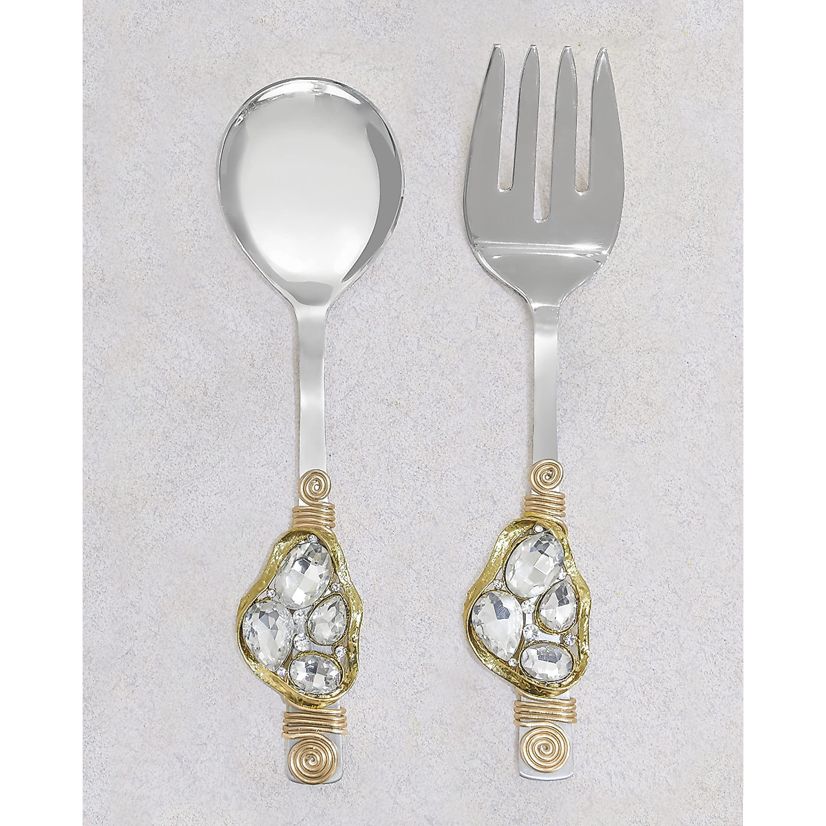 YoTreasure Tiramisu Cumulus Crystal Stainless Steel Gold Crystal Salad Server Set Utensils for Modern Serving
