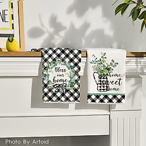 Artoid Mode Buffalo Plaid Eucalyptus Home Sweet Home Kitchen Towels Dish Towels, 18x26 Inch Seasonal Decoration Hand Towels Set of 4