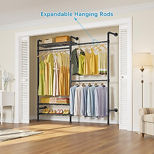 Timate F2 Industrial Pipe Clothes Rack Wall Mounted Clothing Rack for Hanging Clothes, Expandable Garment Rack Heavy Duty Wardrobe Closet Organizer and Storage, Black Adjustable Industrial Closet Kit