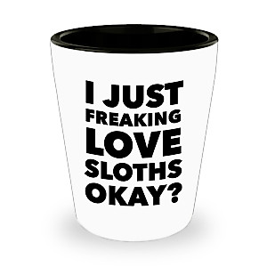 HollyWood & Twine Sloth Shot Glass Funny Sloth Themed Gifts for Him and Her - I Just Freaking Love Sloths Okay? Ceramic Shot Glasses Gift Ideas