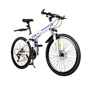 DNYSYSJ 26 Inch Mountain Folding Bike 21 Speed Mountain Bike Folding Bike for Adults, Dual Disc-Brake High Carbon Steel Mountain Bicycle Bike for Men Women - Blue&White