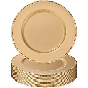 Zopeal 18 Pack Round Charger Plates Bulk 13 Inch Plastic Plate Chargers with Beaded Rim Disposable Dinner Charger Plates for Wedding Halloween Christmas Party Event Table Setting Decoration (Gold)