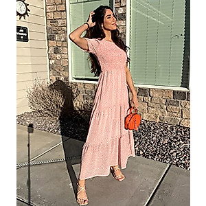 BTFBM Women Casual Short Sleeve Crew Neck Summer Dress Bohemian Floral Printed Flowy Maxi Dresses Tiered Cocktail Dress（Pink, Small