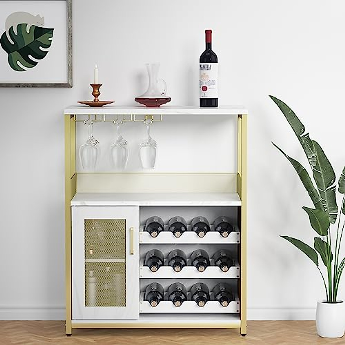 GAOMON Wine Bar Cabinet with Removable Wine Racks and 1 Drawer,Bar Cabinet with Glass Holder and Mesh Door for Liquor and Glasses(Gold)