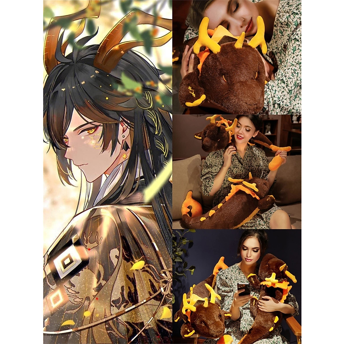 BOOTANO Set Plushie Genshin Impact Zhong Li Dragon 27.6 Inch Hugging Pillow and Cute Kawaii Zhongli Keychain Soft Stuffed Animal for Fans Kids Birthday Gifts