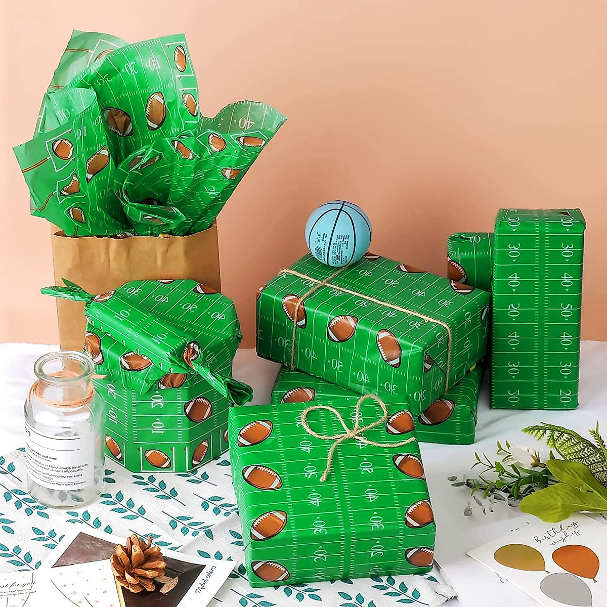 Kavoc 100 Sheets 20 x 14 Inch Football Tissue Paper Rugby Ball Wrapping Paper Sheets Bulk for Gift Wrapping Green Football Field Tissue Paper for Birthdays Party Gift Bag DIY Pompom Confetti Crafts