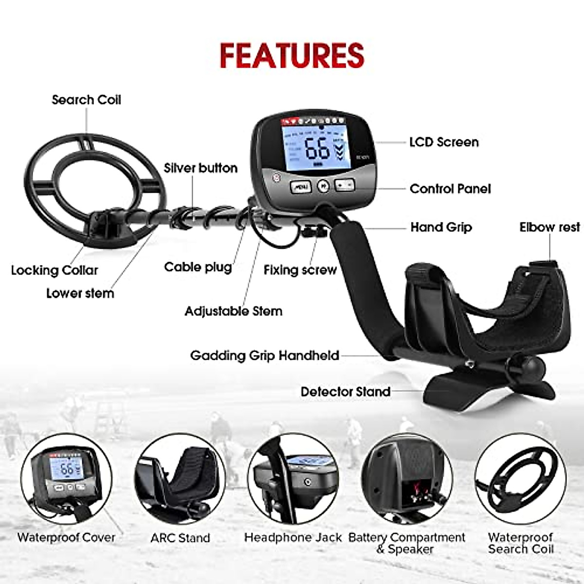 Metal Detector for Adults Professional - High Sensitivity 10" Waterproof Search Coil, 4 Adjustable Modes, LCD Backlight Display, Pinpoint Function, Ideal for Gold Detection