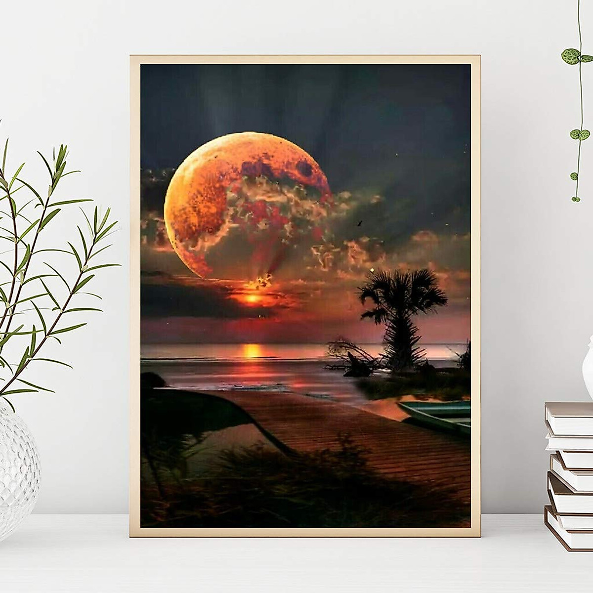 HAPPIShare DIY 5D Diamond Painting Kit, Full Diamond Seaside Moon Beach Embroidery Rhinestone Cross Stitch Arts Craft Supply for Home Wall Decor