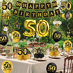 Turypaty 36Pcs 50th Birthday Decorations Kit for Men Women, Black Gold Happy 50 Birthday Banner Balloons Honeycomb Centerpiece Hanging Swirl Party Supplies, Fifth Year Old Bday Table Topper Decor