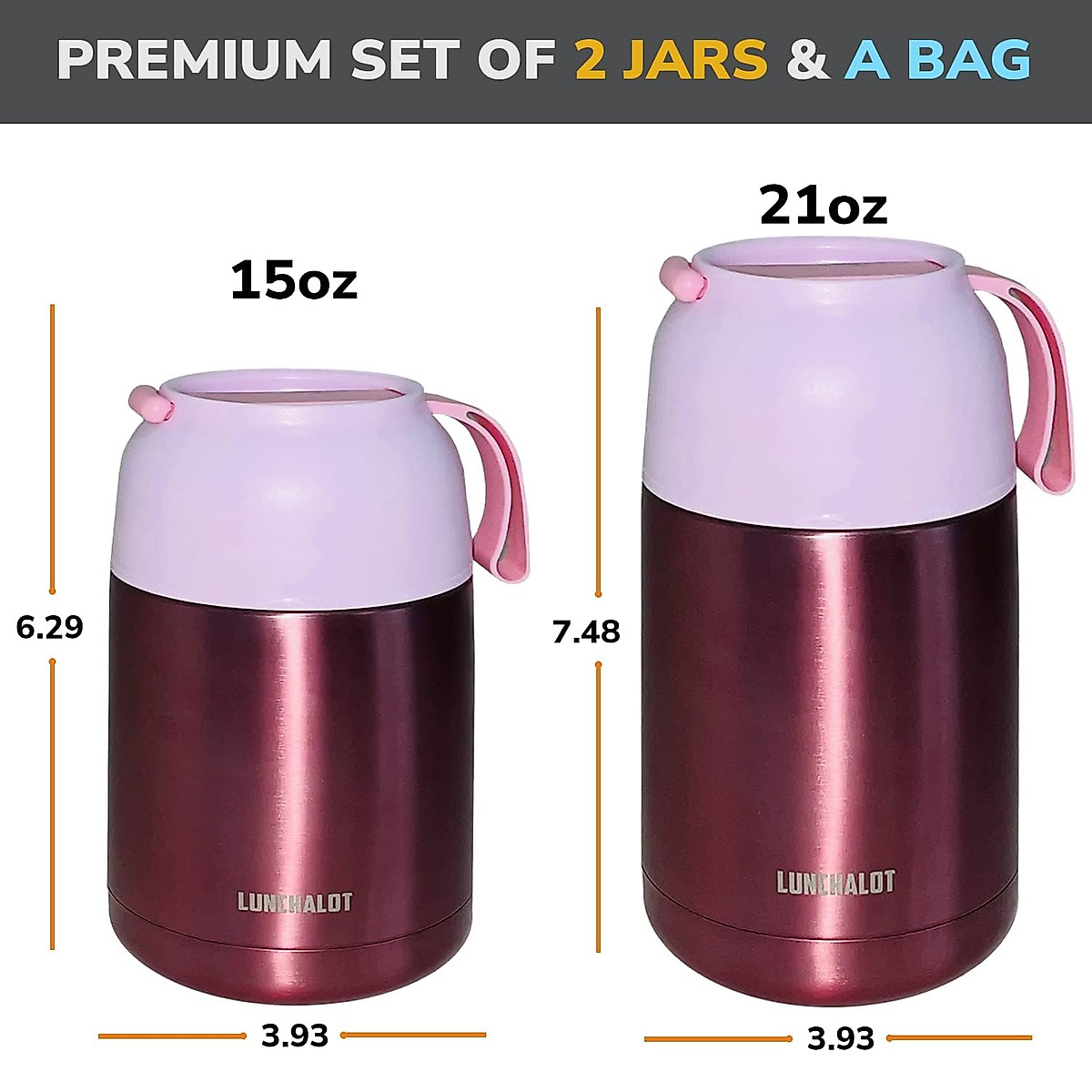 LUNCHALOT Insulated Food Jar for Hot Food in a Bag - 15 & 21 Oz Soup Lunch Box Container for Adults Vacuum Stainless Steel Jar & Foldable Spoons - Pink Wide Mouth Flask for Work Travel