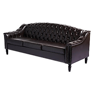 PHOYAL Chesterfield Couch 3 Seater Large Sofa, Faux Leather Sofas and Couches 80 Inches Mid Century Modern Couch Tufted Back Sofa for Living Room Furniture (Dark Brown)